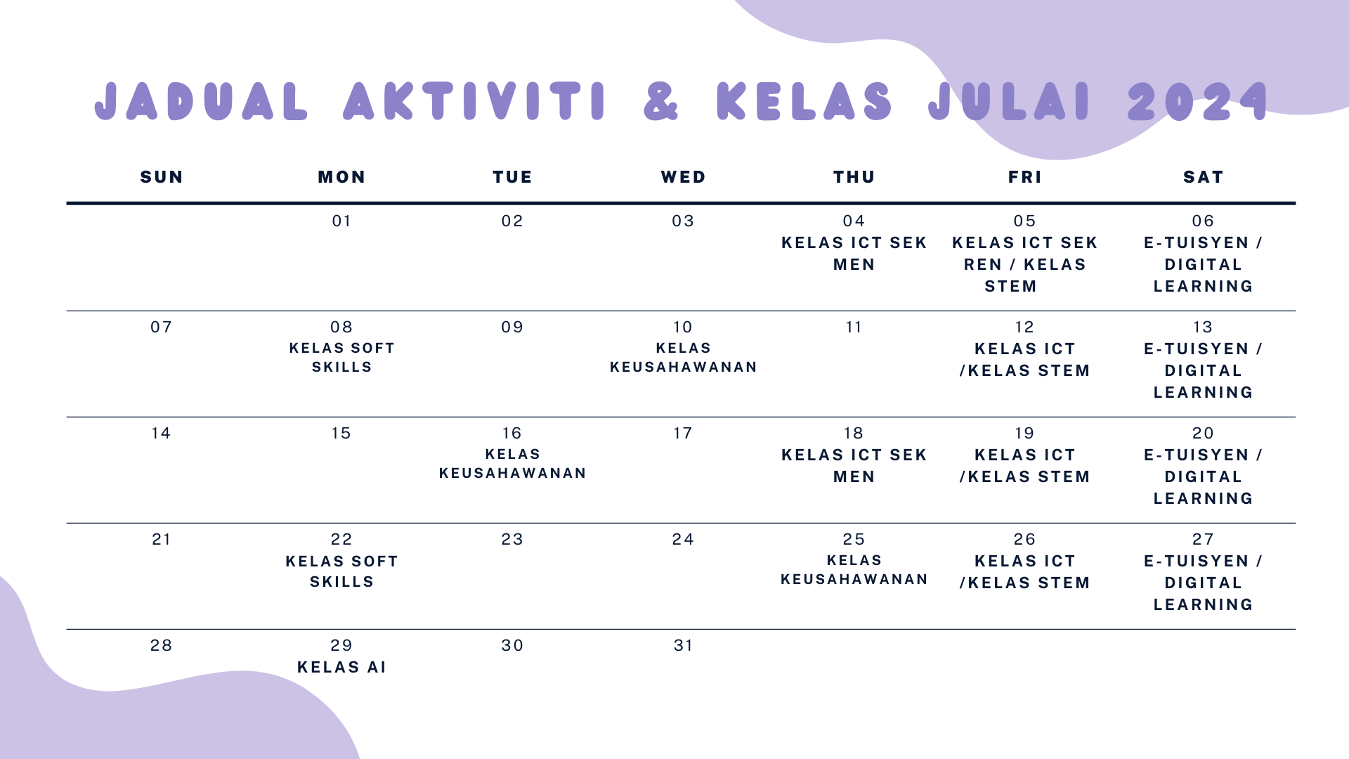 JADUAL AKTIVITI BULAN JULAI 2024 – NADI Kampung Raja, Bukit Kepong